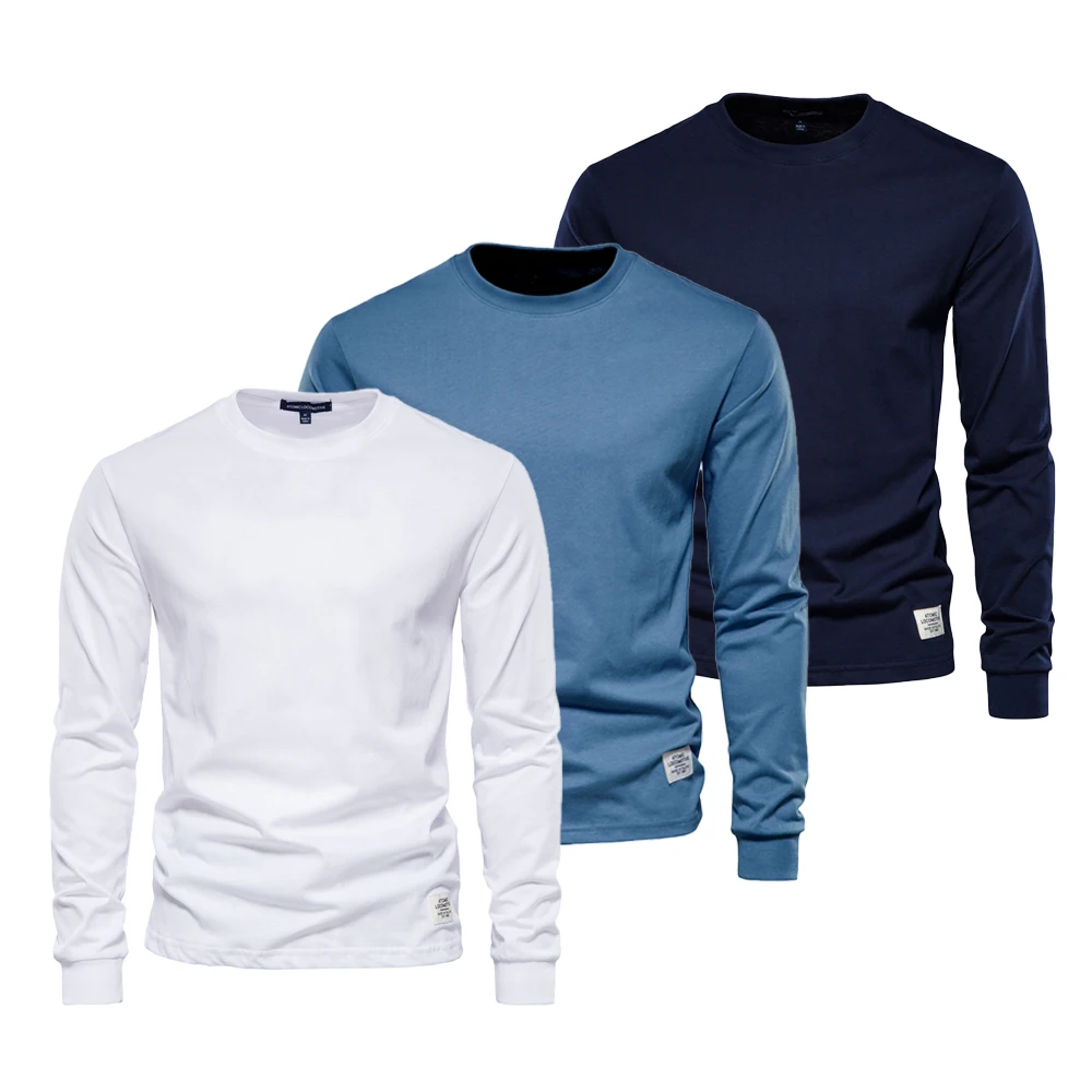AIOPESON 3pcs Solid Color Basic Men's Long-sleeved T-shirt 100% Cotton ...