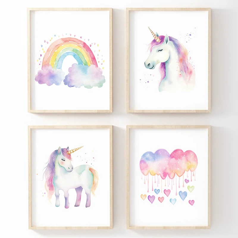Cartoon Cute Unicorn Nursery Girl Room Pastel Rainbow Art Poster Canvas ...