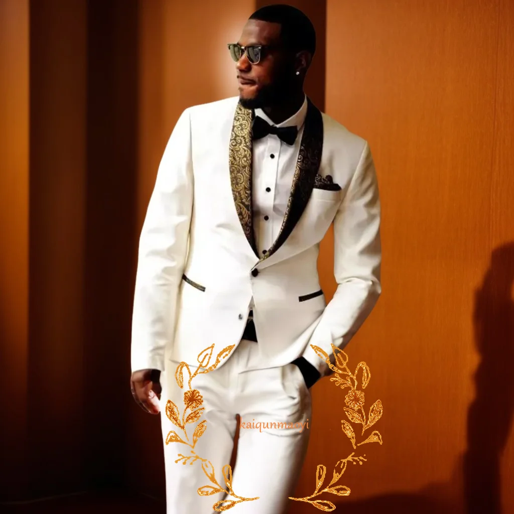 Ivory-Elegant-Men-s-Suit-2-Piece-Wedding-Groom-Tuxedo-Gold-Jacquard ...