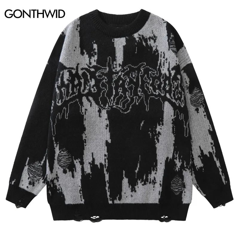 Hip Hop Ripped Sweaters Grunge Y2K Vintage Knitted Punk Gothic ...