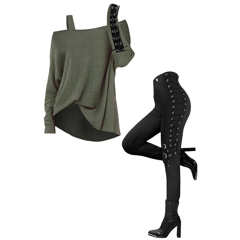 Dressfo Women's Fashion Outfit Skew Neck Textured Solid Color Top and ...