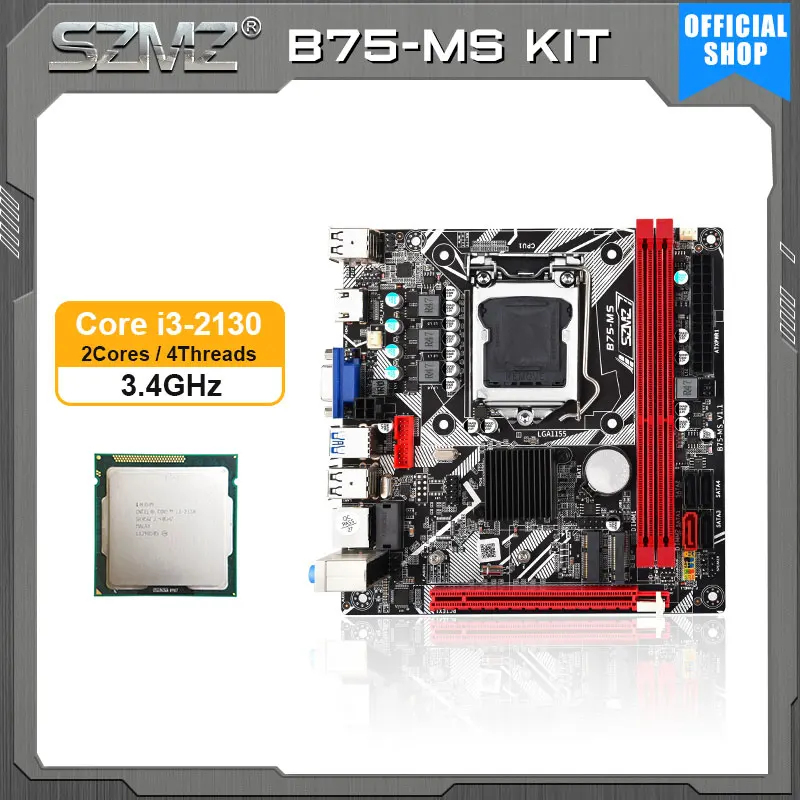 SZMZ-B75-MS Kit Motherboard com Processador Core i3 2130, suporta NVME M.2, LGA 1155, B75, Mini ...