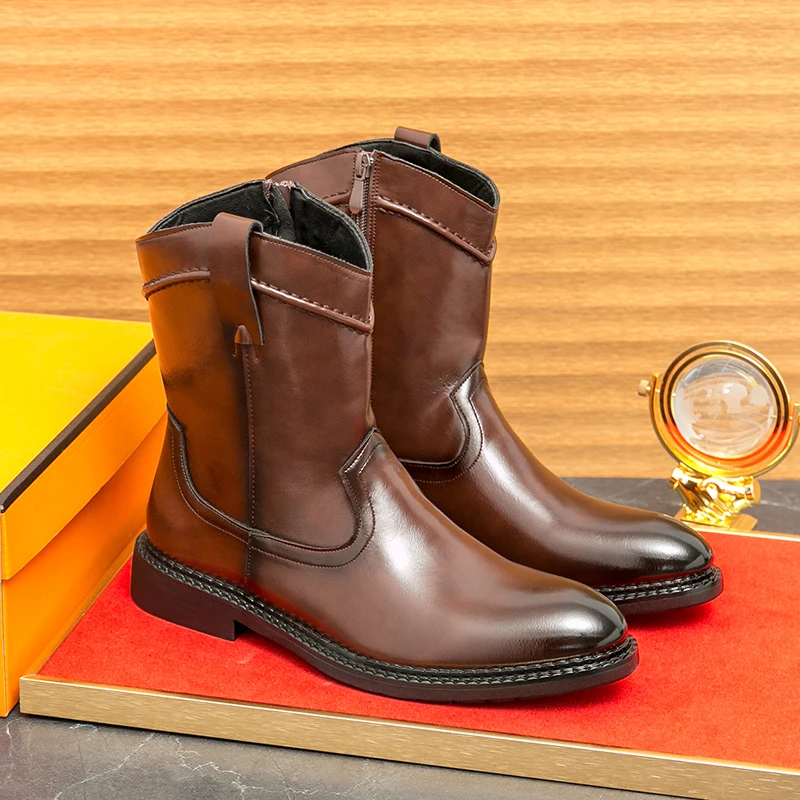 New-Men-Boots-Mid-Calf-Western-Cowboy-Jeans-Motorcycle-Boots-Male ...