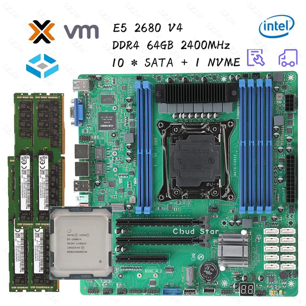 XEON-Nas-Motherboard-Kit-10-SATA-with-E5-2680V4-DDR4-64GB-Support-Turbo ...