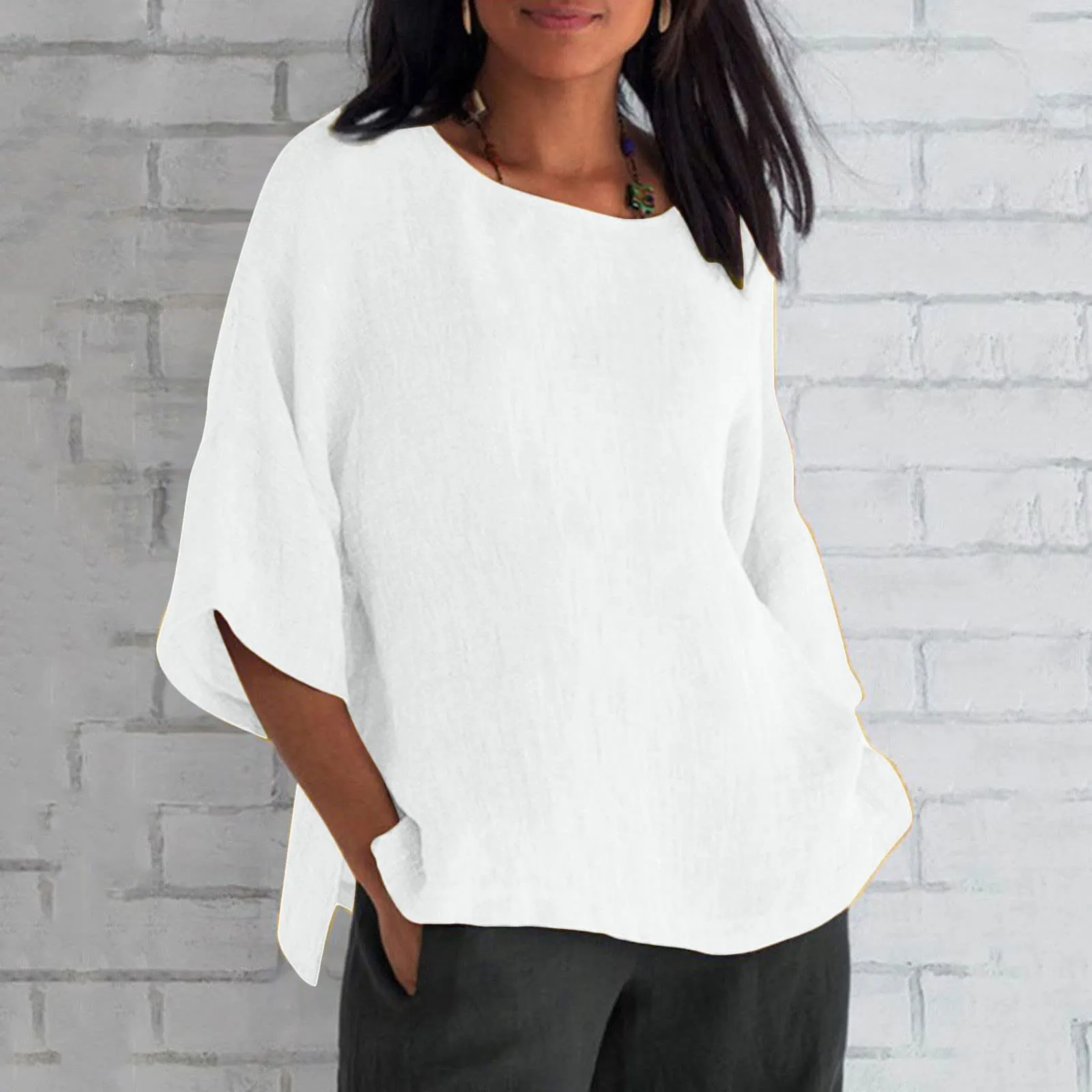 Women-Cotton-Linen-Blouse-Shirts-Summer-Female-O-Neck-Three-Quarter ...