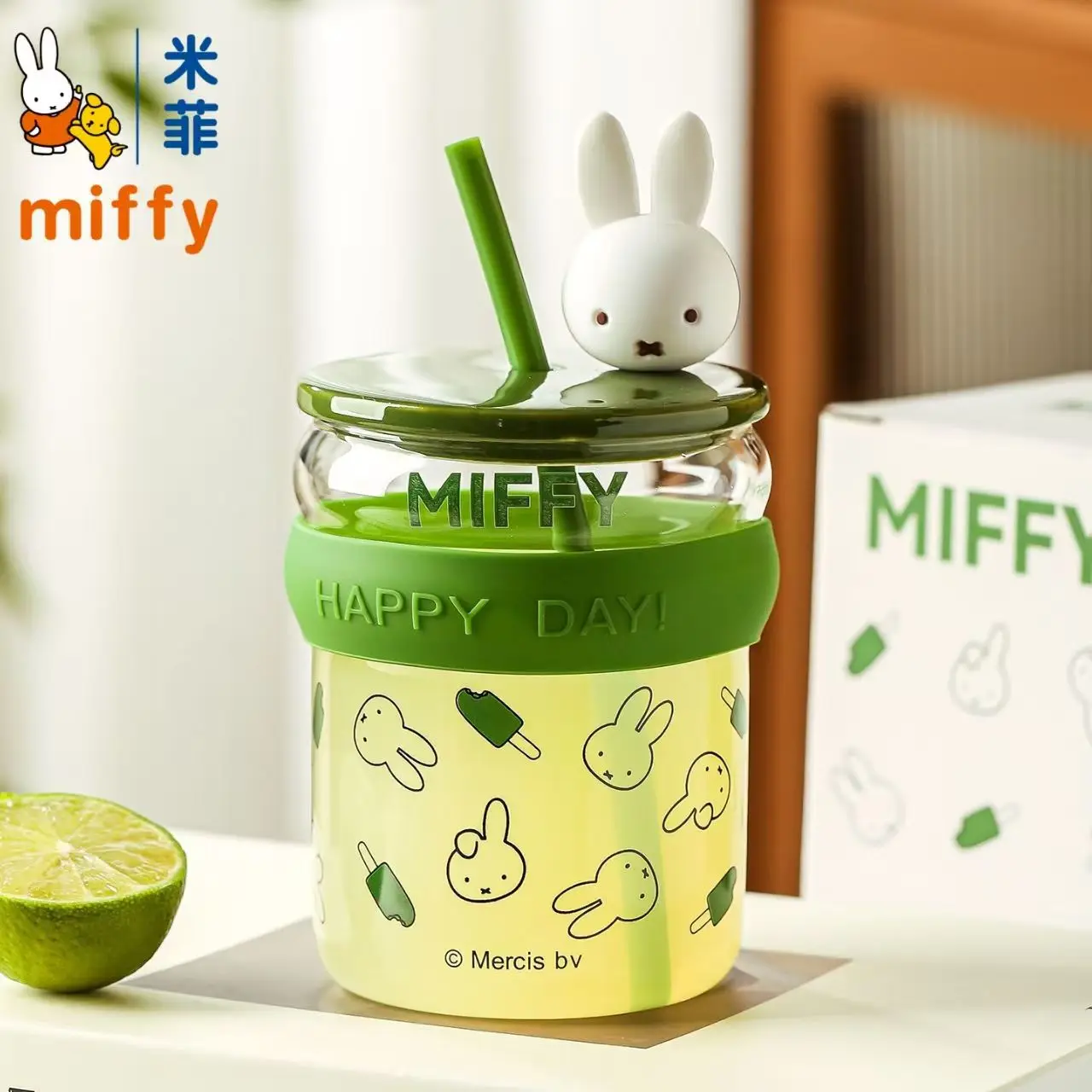 Cartoon Miffy Rabbit Glass Straw Cup Breakfast Milk Cup with Lid Cute ...