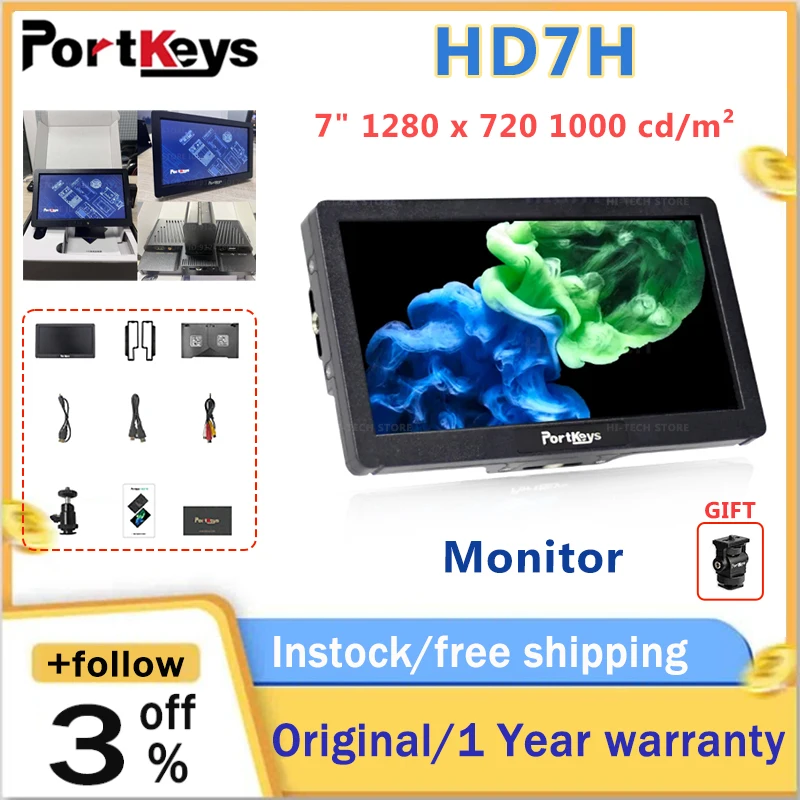 Portkeys-HD7H-7inch-Monitor-1000nits-Brightness-Light-1280X720-4K30p-HD-Input-Camera-Monitors ...