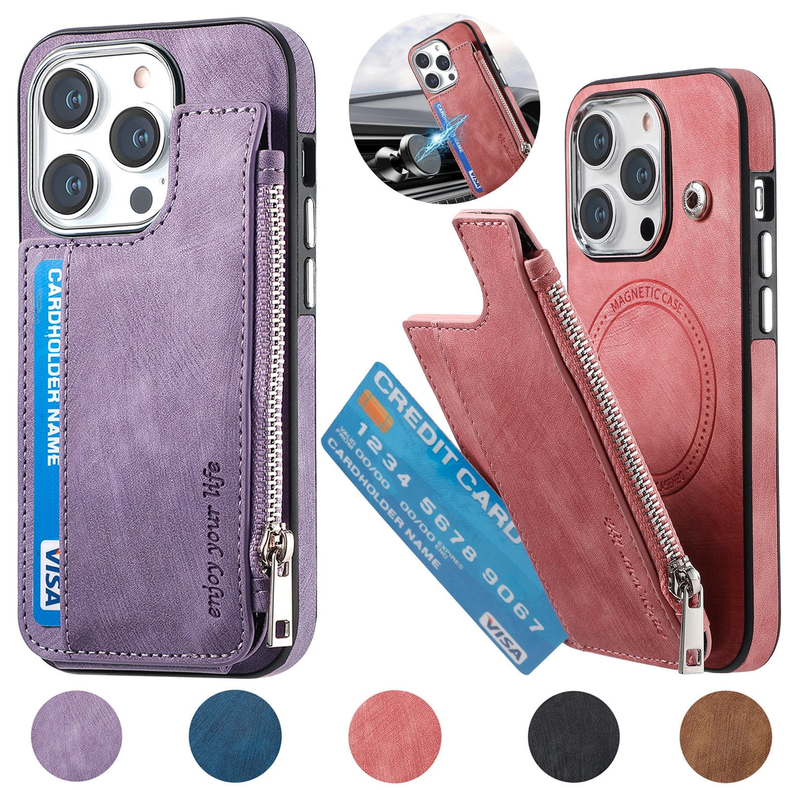 Wireless-Charging-Magnetic-Zipper-Wallet-Leather-Case-For-iPhone-14-Pro ...
