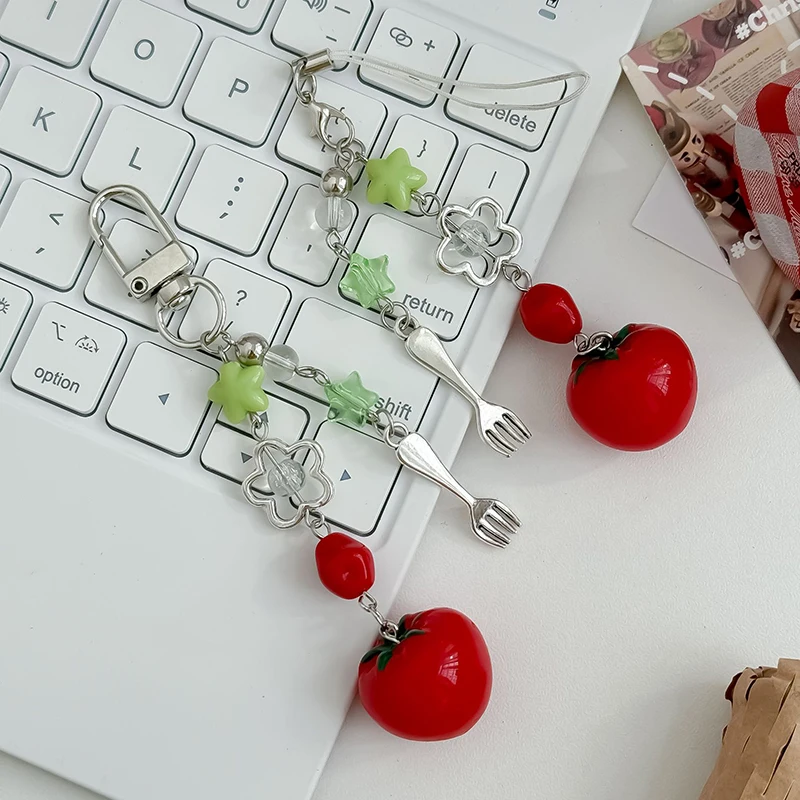 Korean Tomato Star Fork Keychain Phone Charm Cute Cute Red Tomato ...