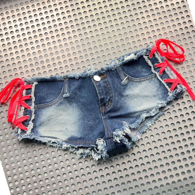 2023-Women-Sexy-Split-Denim-Shorts-Side-Bandage-Ultra-low-Rise-Jeans ...