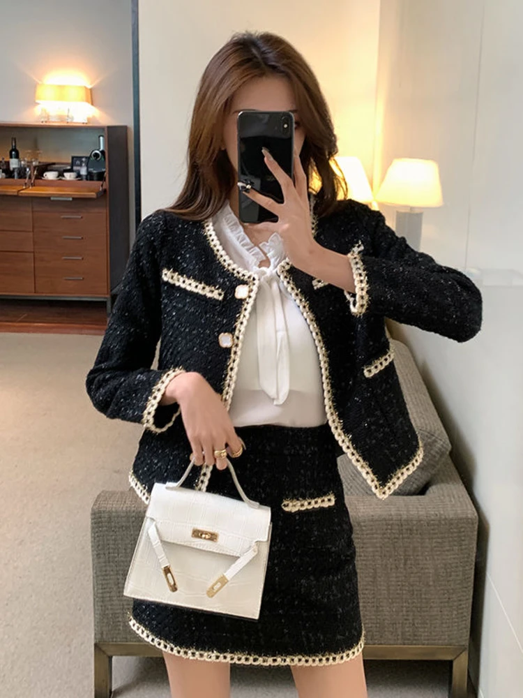 Elegant Women's Tweed Suits 2 Piece Sets Fashion Single-breasted Black ...