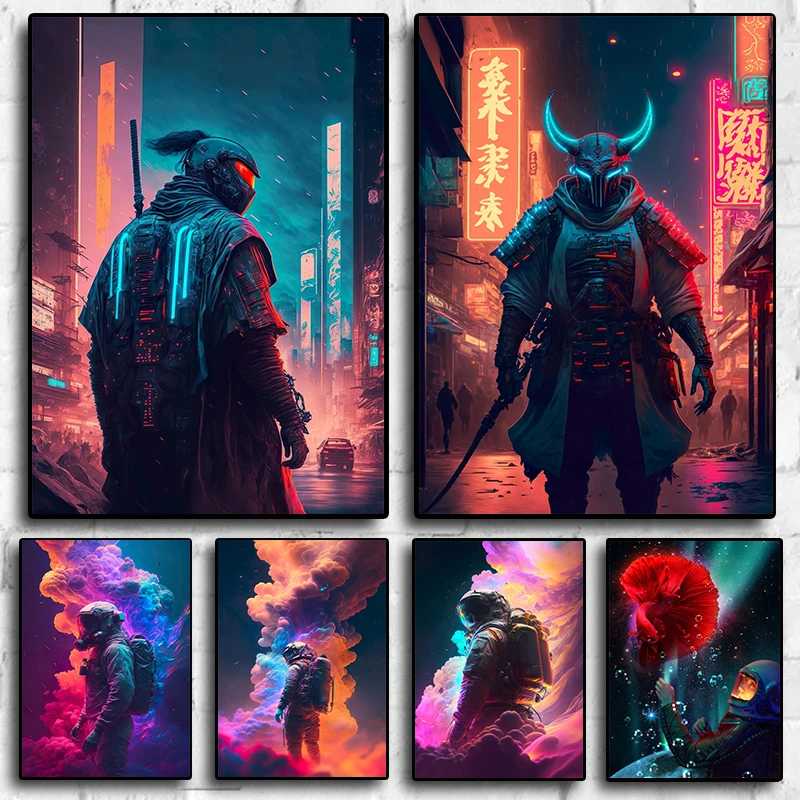 Neon-Cyberpunk-Canvas-Art-Home-Wall-psychedelic-samurai-Space-Astronaut ...
