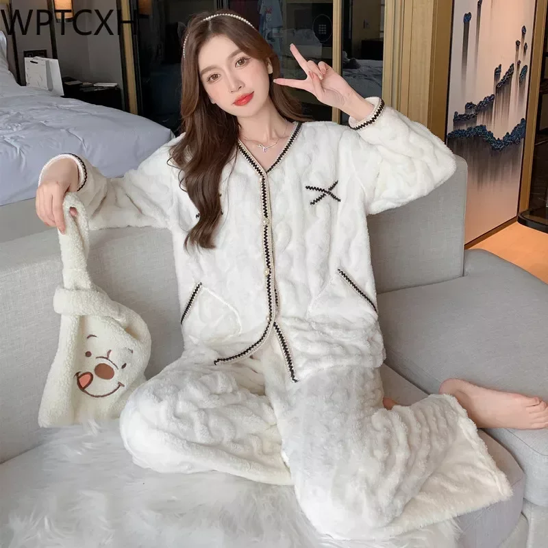 Pajama-Women-Autumn-Coral-Velvet-Thicken-Sleepwear-Loose-Flannel-Long ...