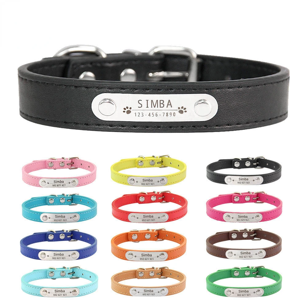 Personalized Dog Collar Name Carved ID Anti-lost Solid PU Leather ...