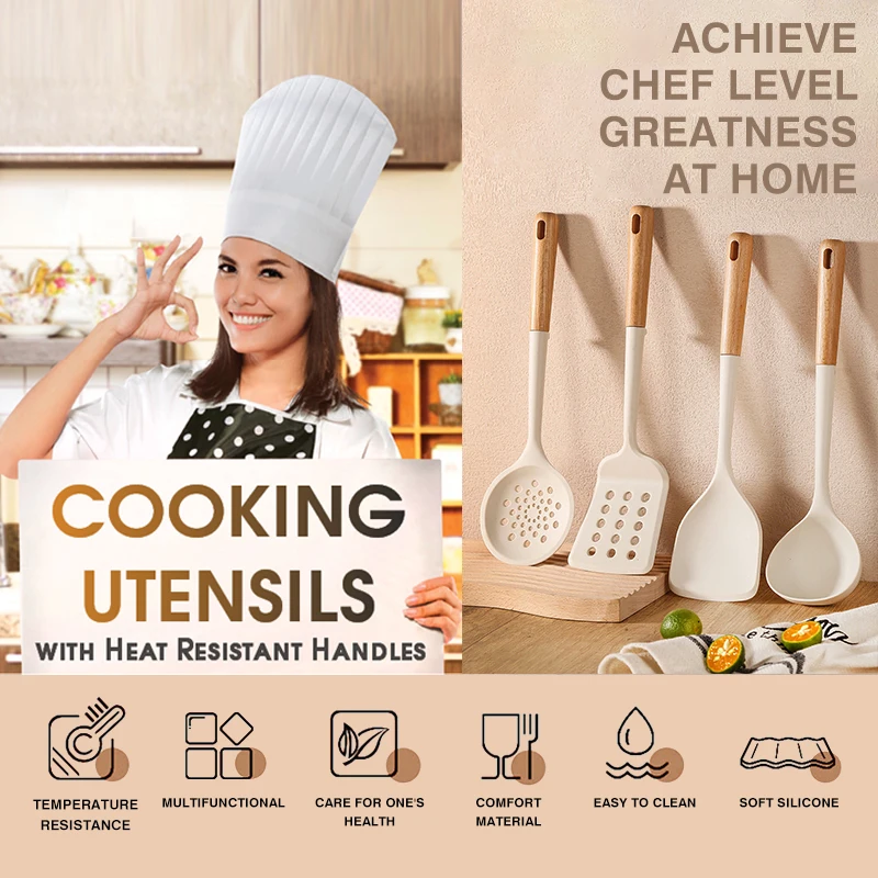 New-Silicone-Kitchen-Cooking-Utensils-Set-Durable-Hardwood-Handle-Heat ...