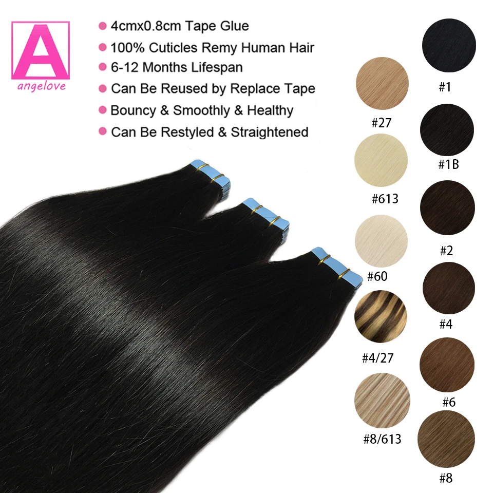 Extensions de cheveux naturels lisses 1B 100% Remy, bande adhésive sur ...