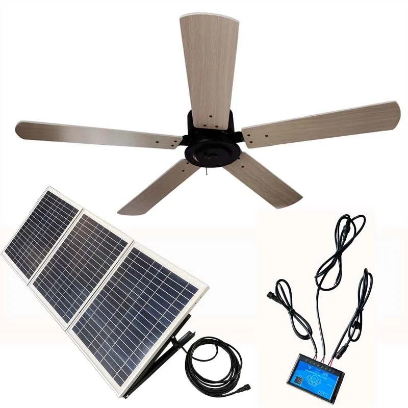Outdoor Solar Wooden Ceiling Fan 52" 60W Solar Panel With12Ah 12V Lead ...