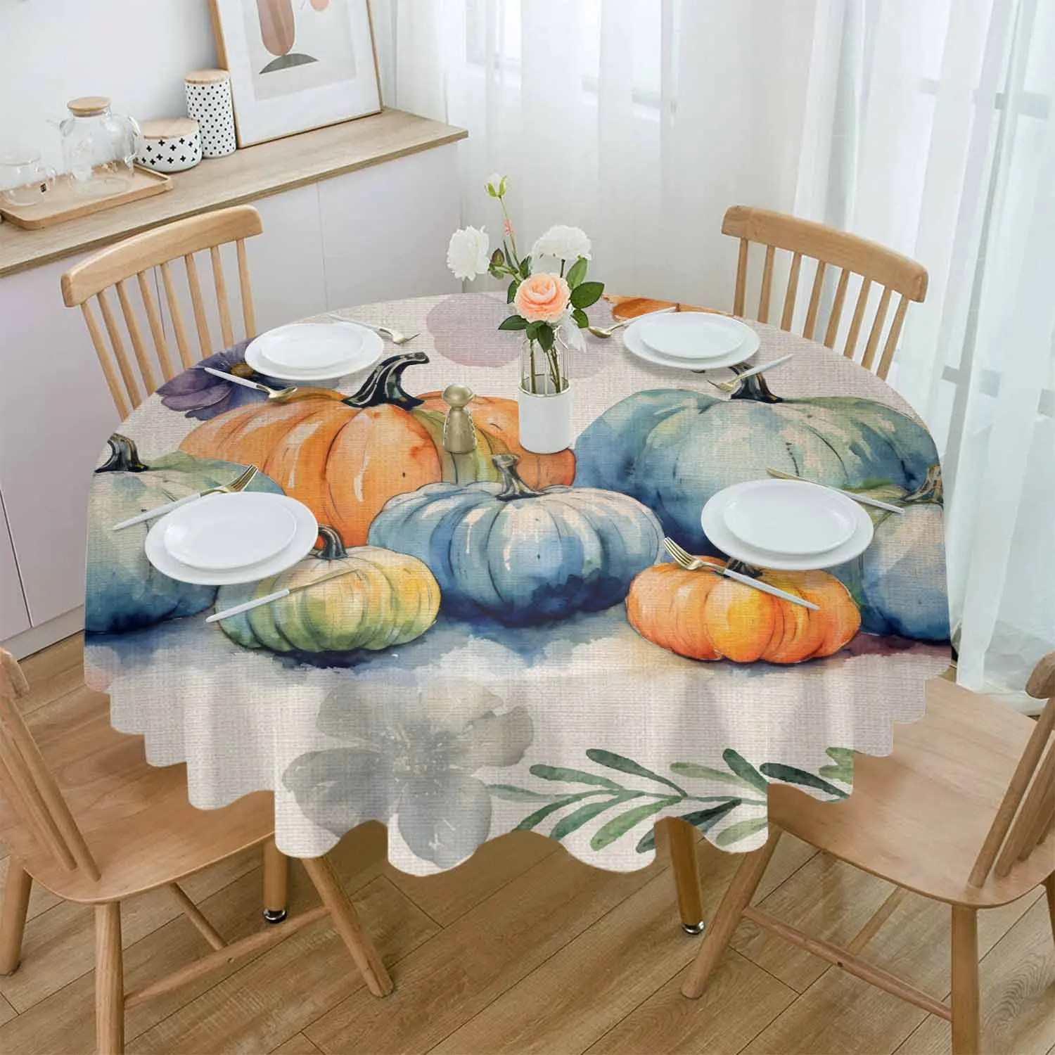 Autumn-Flowers-Pumpkin-Round-Table-Cloth-Festival-Dining-Tablecloth ...