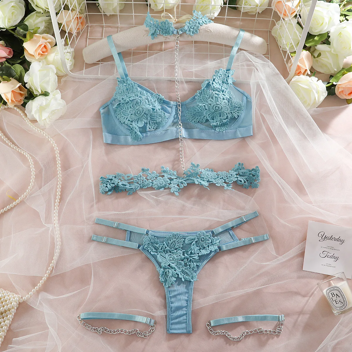 Sexy Blue Flower Fancy Underwear Women Set Lace Intimate Outfits Female Lace Lingerie with Chain ...
