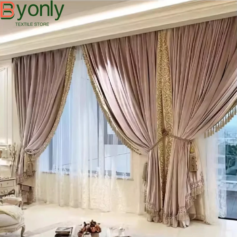 High-end Pink Embroidery Princess Spliced Velvet Curtains for Living ...