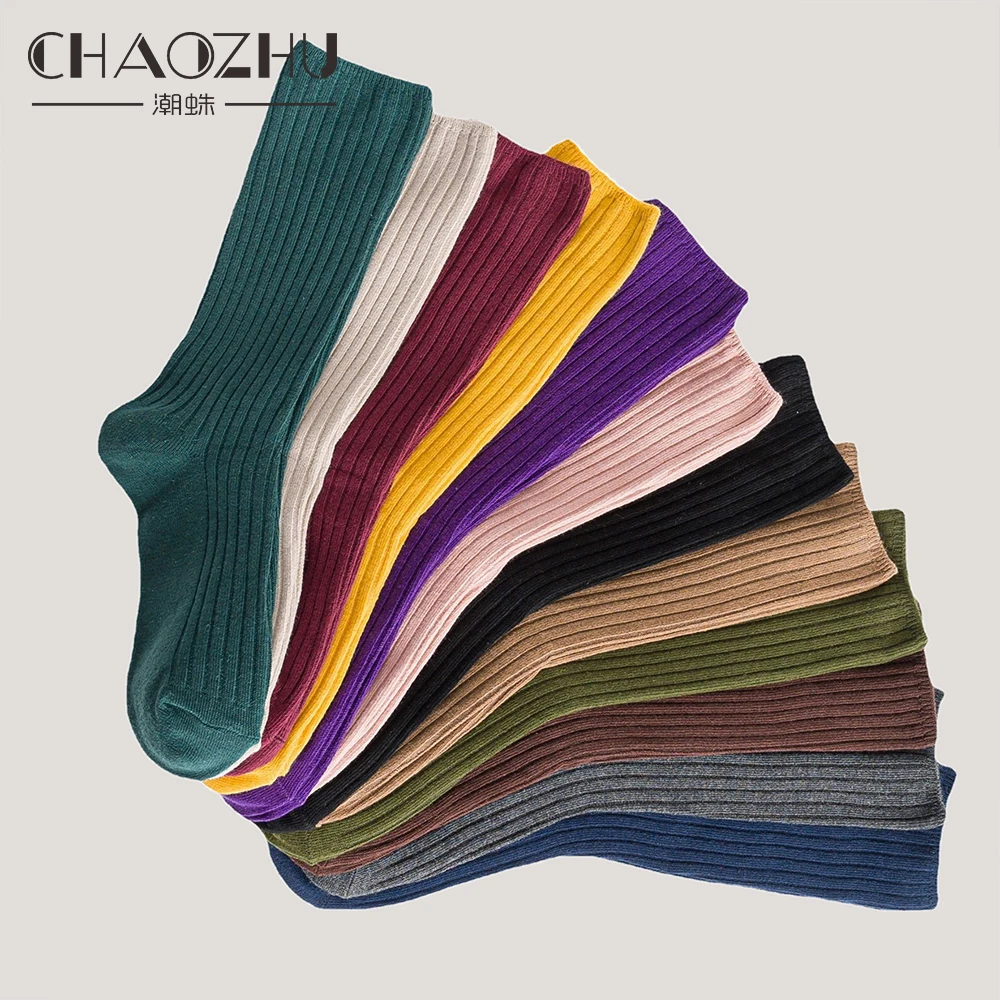 5 pairs solid ribbed crew socks women mixed color 4 seasons fit loose ...