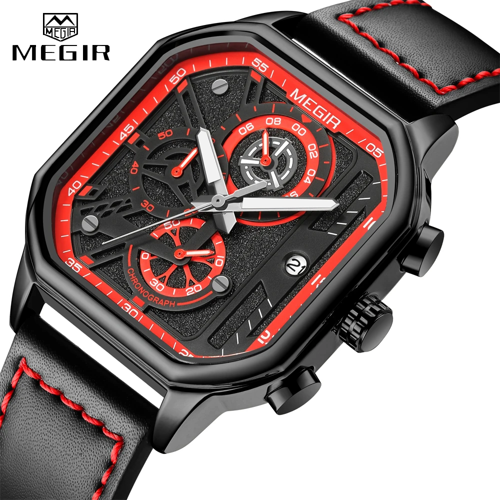 MEGIR-Chronograph-Analog-Quartz-Watch-Men-Square-Dial-Leather-Strap ...