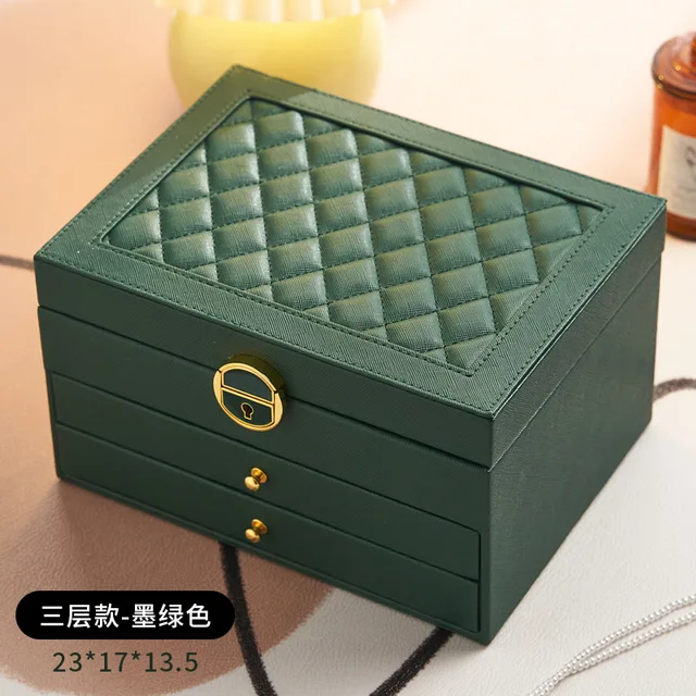 Rhombic three-layer drawer-type lock jewelry storage box necklace ring ...