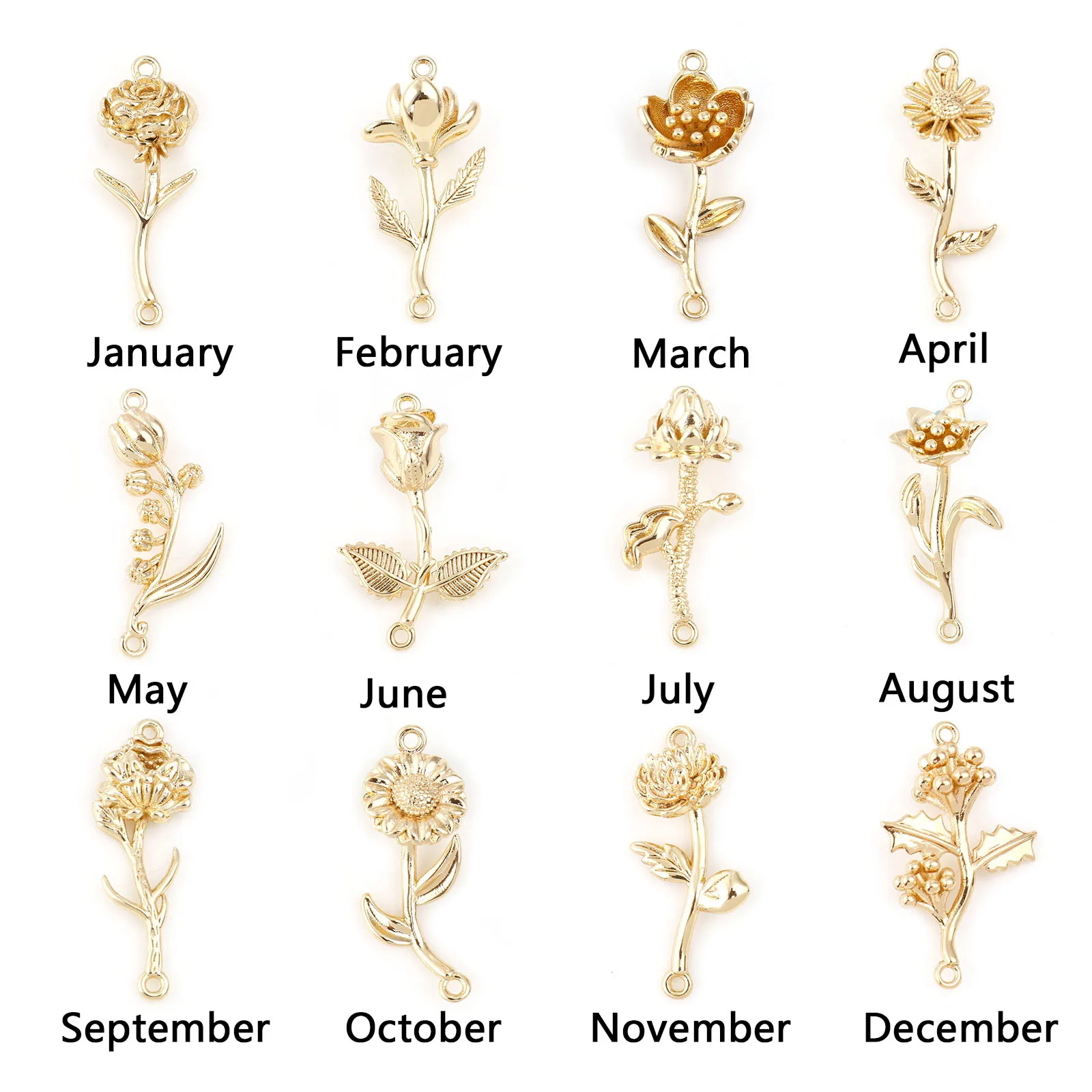 2pcs-Brass-Birth-Month-Flower-Charms-Connectors-Real-Gold-Plated-Flower ...