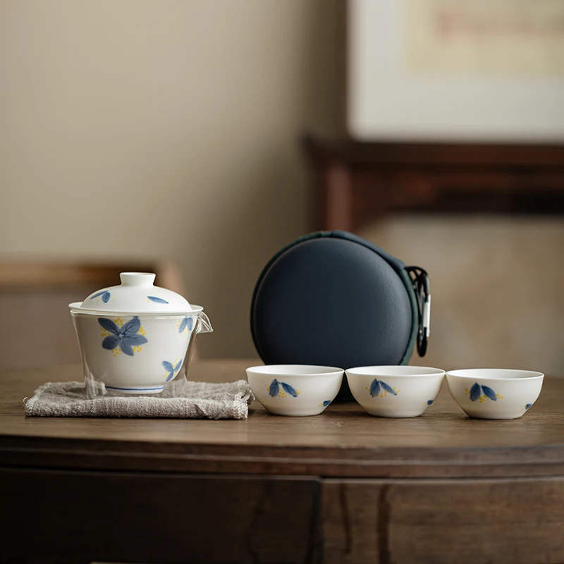 White-jade-porcelain-hand-painted-osmanthus-travel-tea-set-gaiwan ...