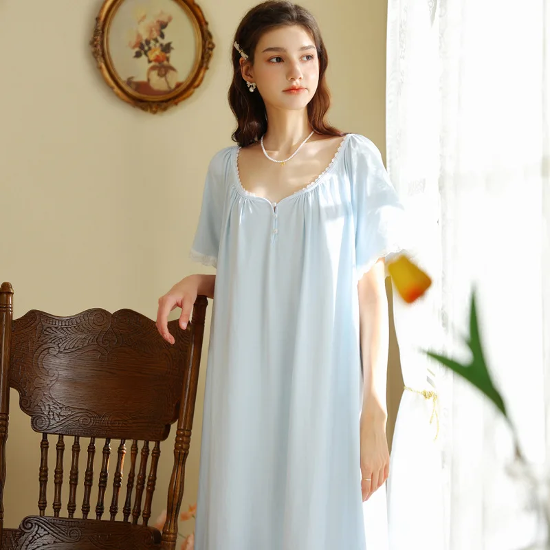 Women Sweet Short Sleeves Cotton Nightdress Simple Round Neck Loose ...