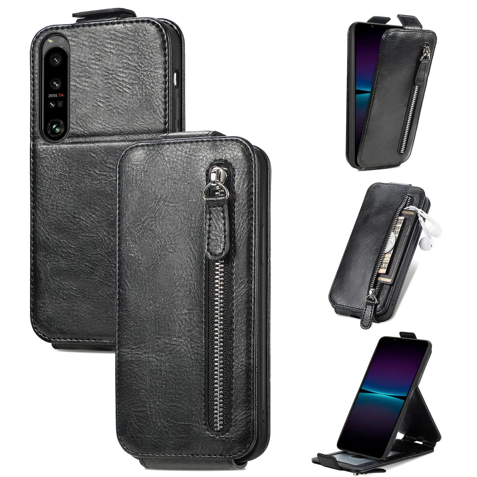 Vertical zipper up down Flip PU Leather Card Case For Sony Xperia 5 IV ...