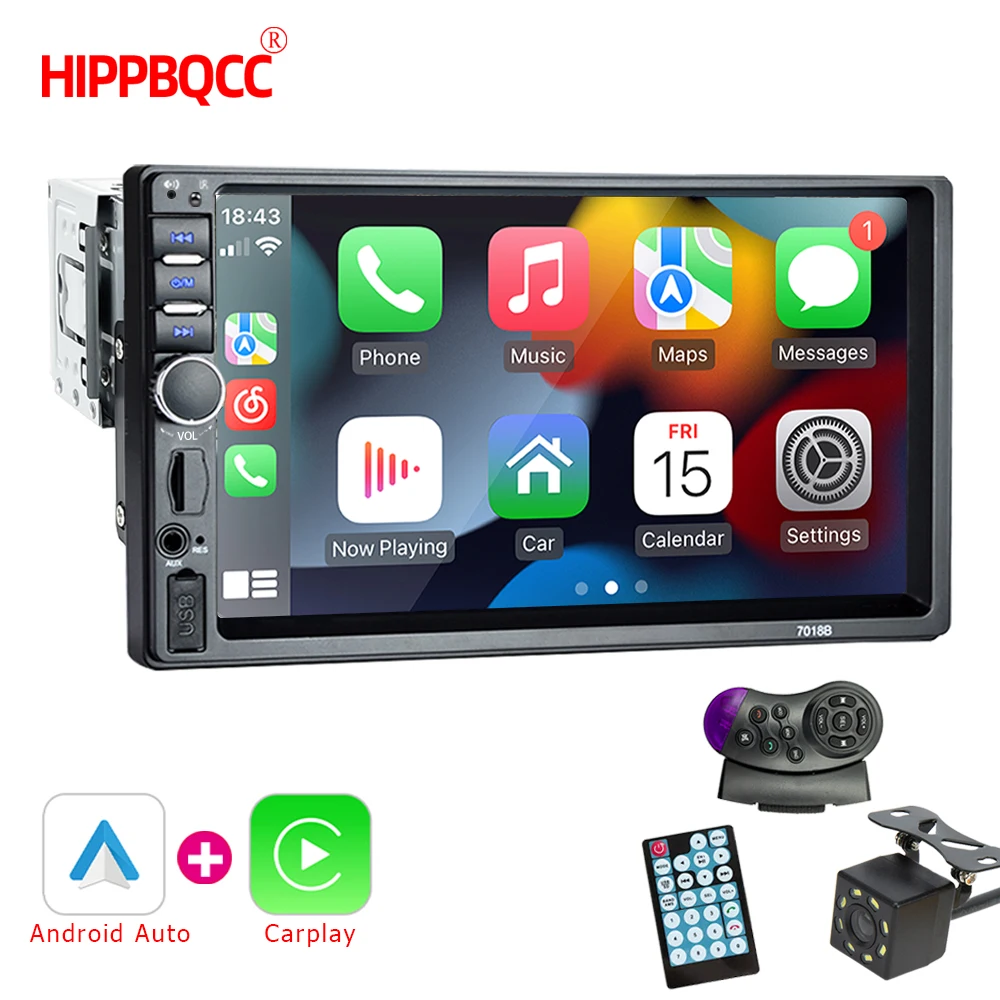 HIPPBQCC Car Radio 1 Din Stereo Receiver Audio 7" HD MP5 Multimedia FM ...