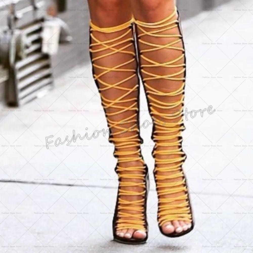 Claret Lace up Matte Leather Boots Open Toe Women Shoes Stilettos High ...