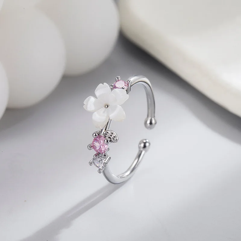 Pink Romantic Flower Rings For Women Shiny Zircon Cherry Blossom Branch ...
