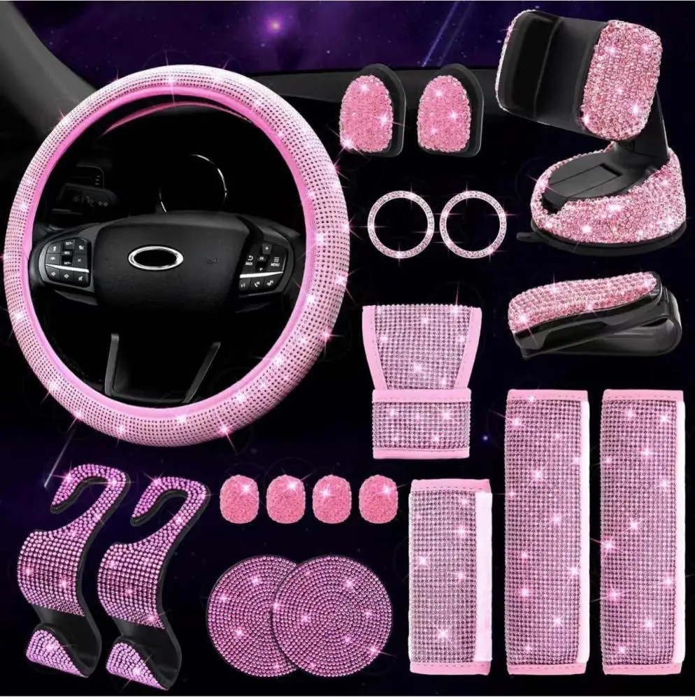 19-Pack-Bling-Car-Accessories-Set-Rhinestone-Bling-Steering-Wheel-Cover ...