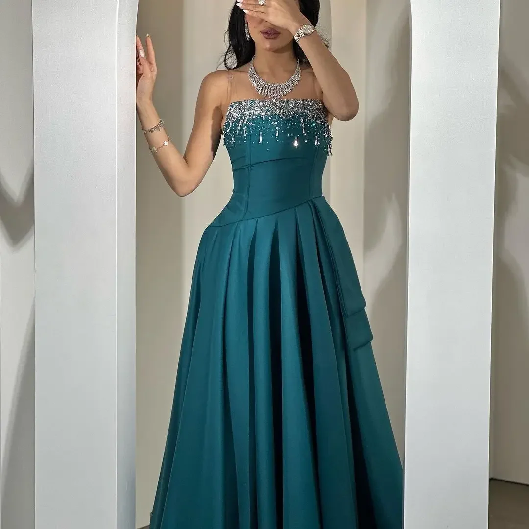 Customized Strapless Prom Dresses Sleeveless Beadings Evening Dresses ...