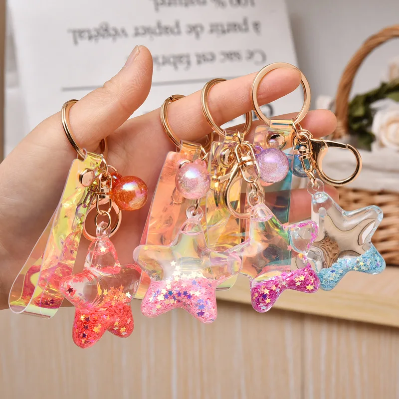 New In Oil Liquid Five pointed Star Keychain Woman Cartoon Floating Key ...