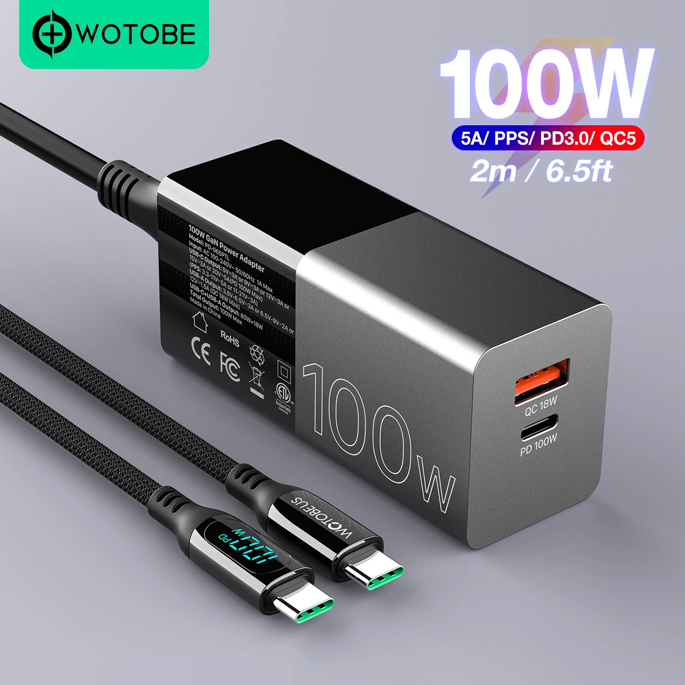 WOTOBE-PD 100W GaN USB C 충전기 전원 어댑터, 2 포트 100W PPS 45W QC5 AFC, 노트북 맥북 아이패드 아이폰 14 갤럭시 S22 미 12