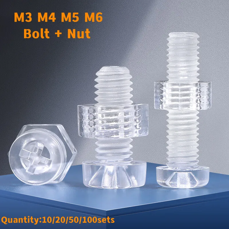 10/20/50/100sets M3M4 M5 M6 Acrylic Clear Screw+Nut Combination ...