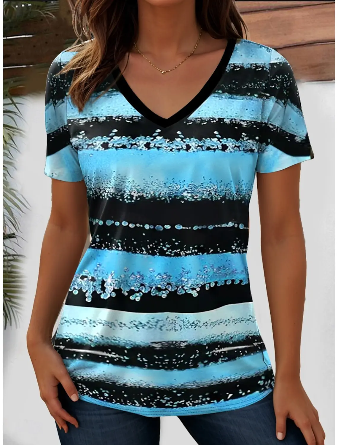 Women's T-Shirt Ocean Striped Graphic Fashion Short Sleeved V-Neck ...