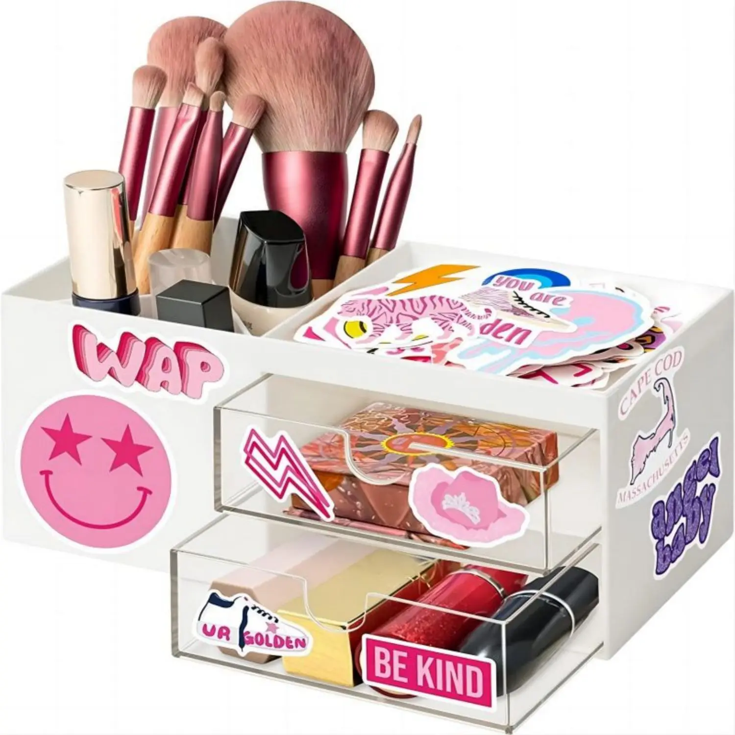 Preppy-Pink-Desktop-Storage-Box-with-Waterproof-Stickers-for-Office ...