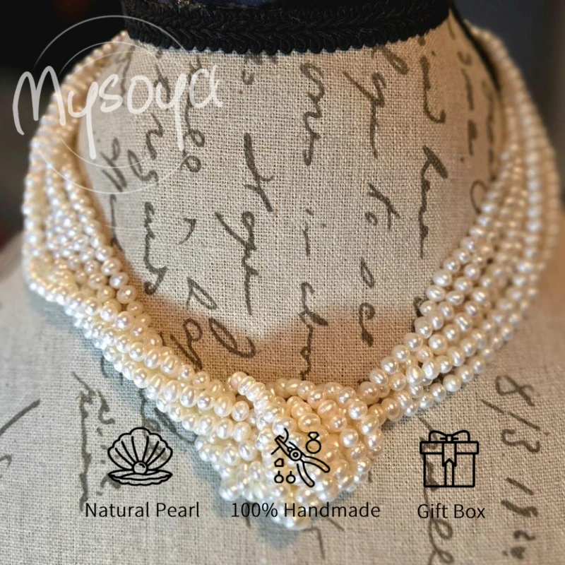 MYSOYA Six-Layer White Freshwater Pearl Necklace 3-4mm With Gift Box ...
