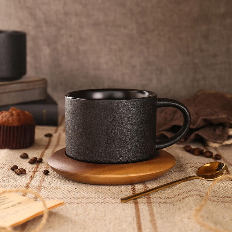 European Style Black Frosted Ceramic Coffee Cup with Wood Tray Cafe ...