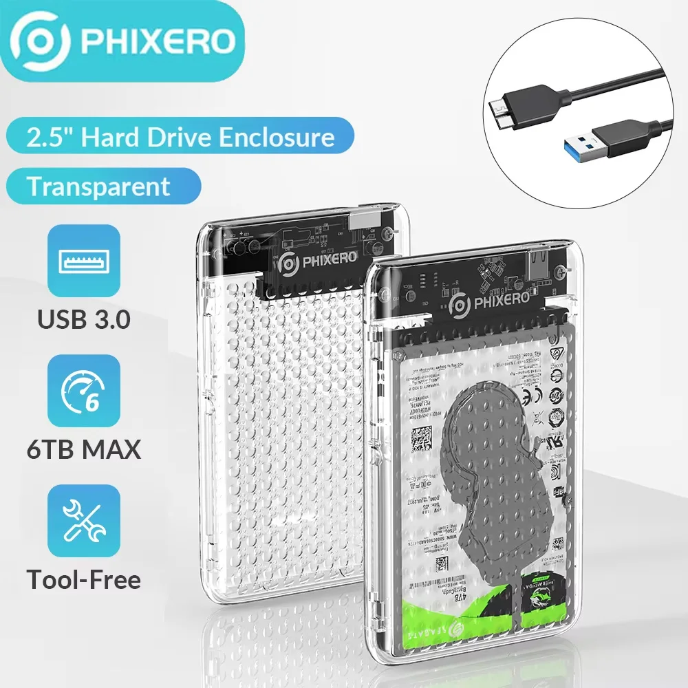 PHIXERO Caja de disco duro transparente SATA a USB3.0 Caja de disco ...