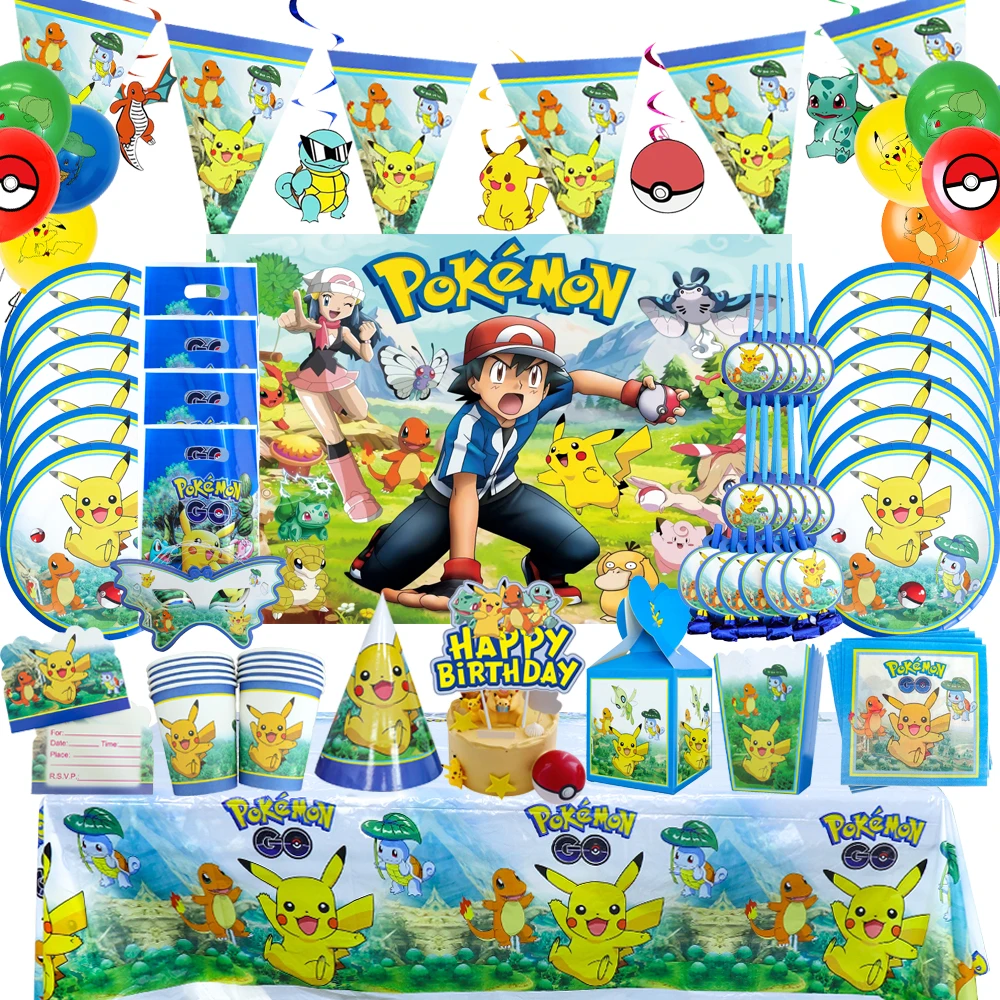 Pokemon Birthday Supplies Cups Plates Napkin Banner Kids 1 2 3 Year Old ...