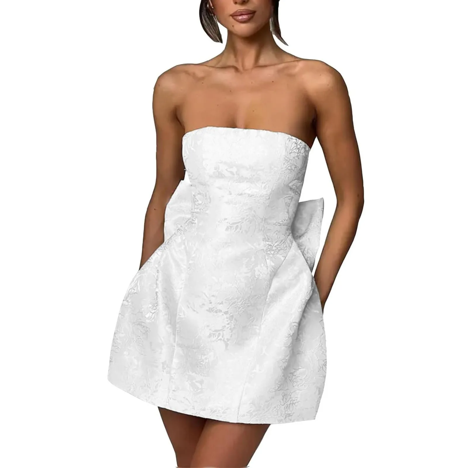 Jacquard-Satin-Mini-Dress-Party-Night-Out-Outfits-Pink-White-Bow ...