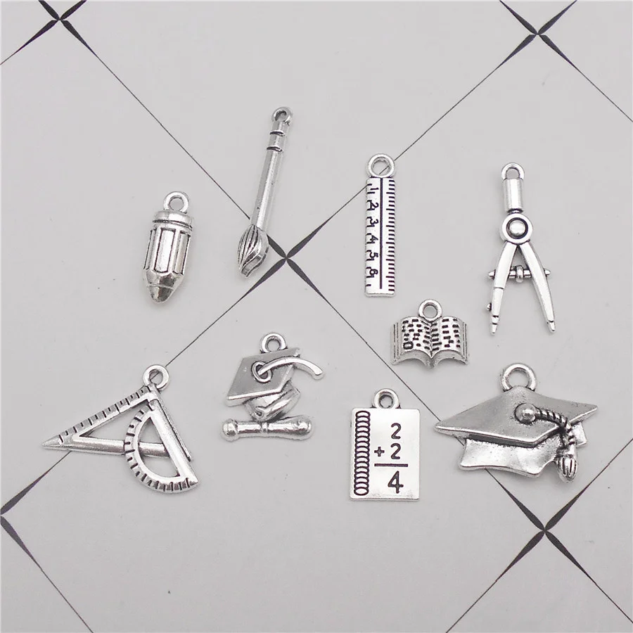18PCS Student Stationery Charms Alloy Pencil Book Ruler Compass ...