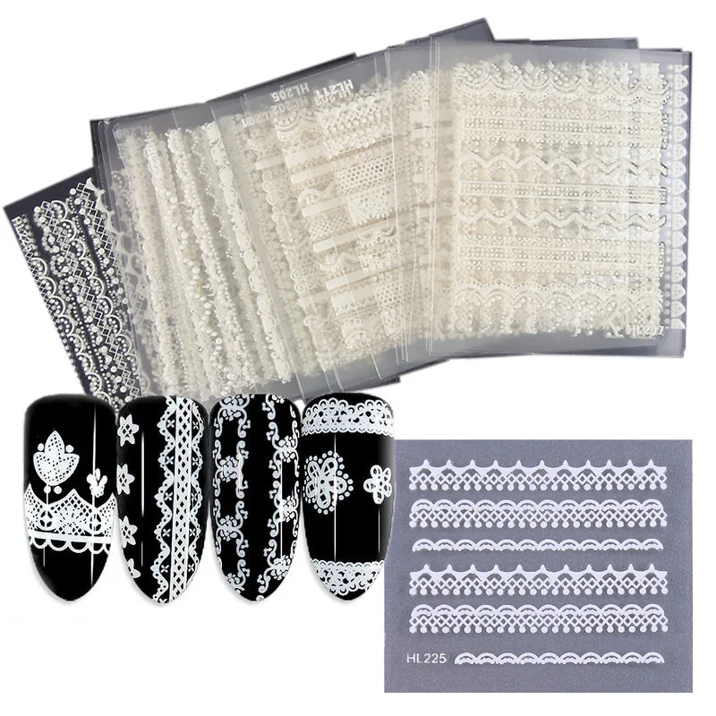 30 Sheet/lot White Lace Nail Stickers,3d Mix Design Transfer Nail ...