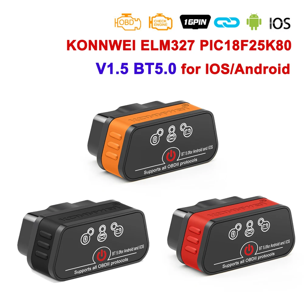 KONNWEI KW901 ELM327 V1.5 OBD2 Car Diagnostic Tools Bluetooth 5.0 OBD2 Scanner Auto Pic18F25K80 ...