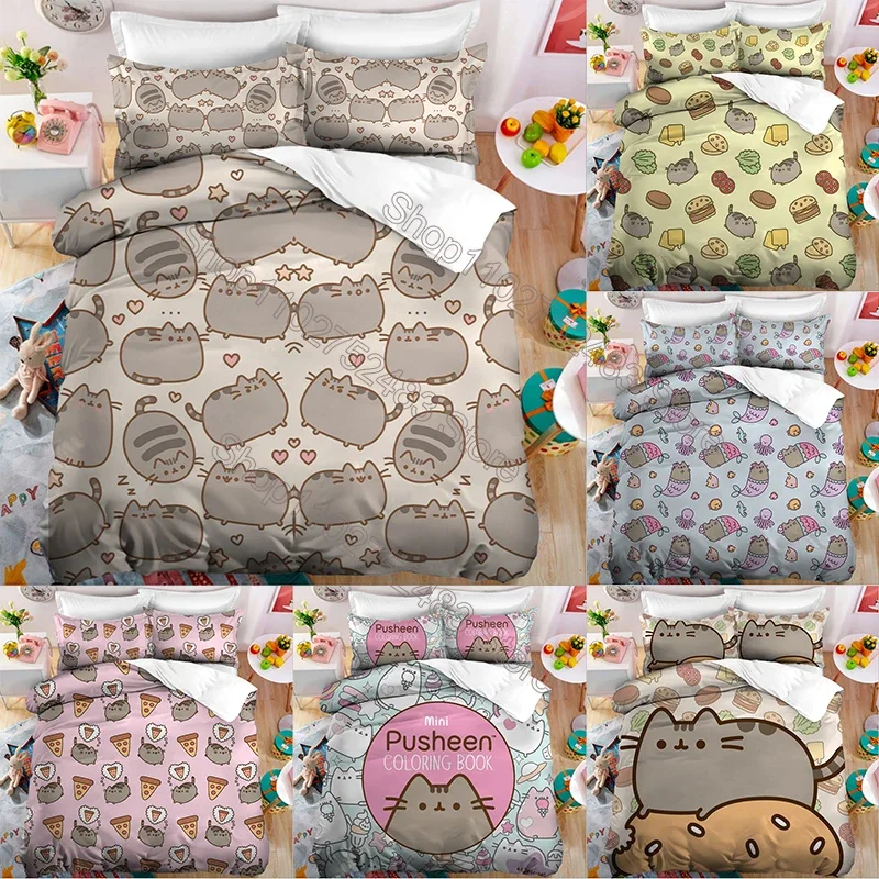 Pusheen-Bedding-Set-Kawaii-Pillowcase-Quilt-Cover-Anime-Bedclothes ...